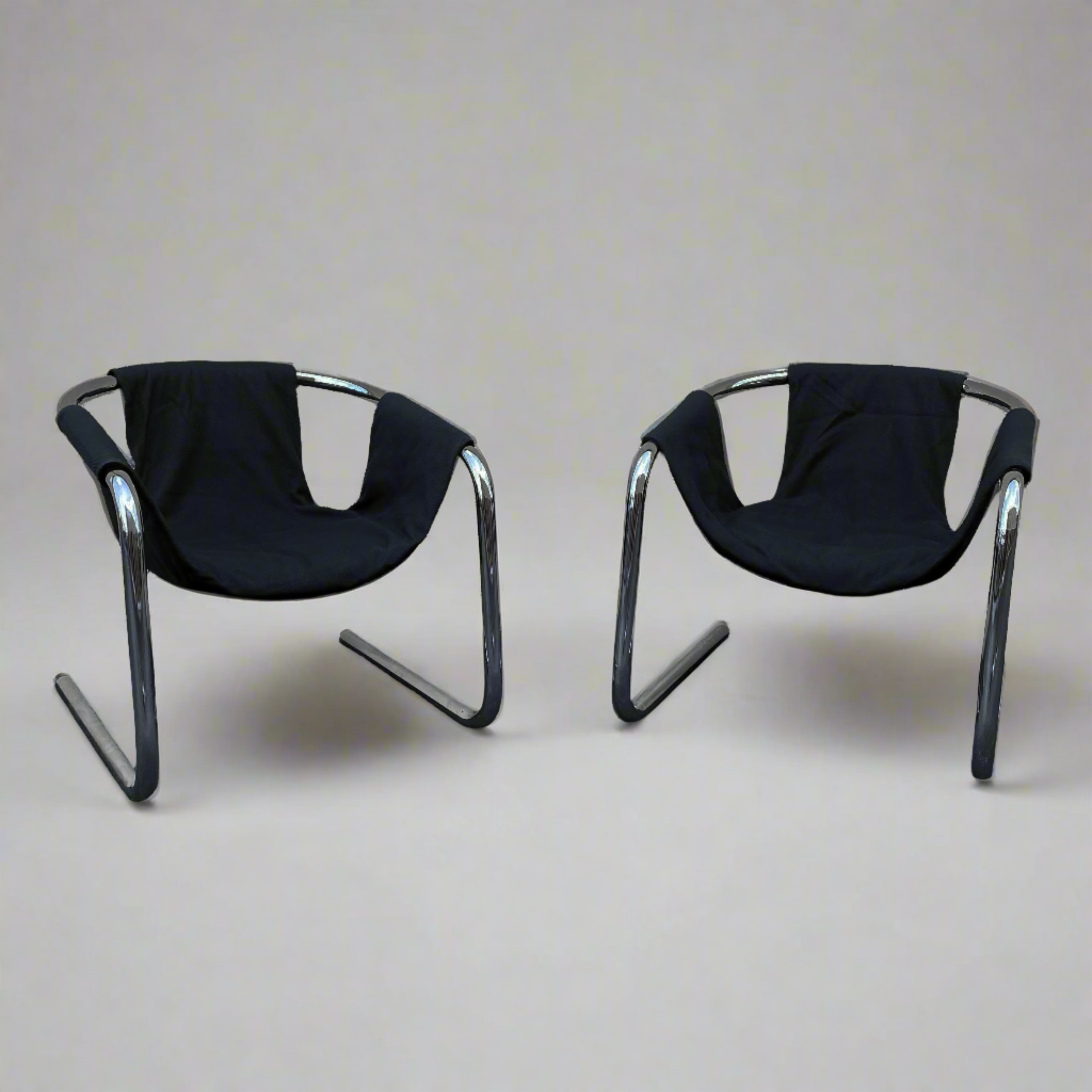Black Tweed and Chrome Zermatt Sling Chairs by the Vecta Group- a pair ...